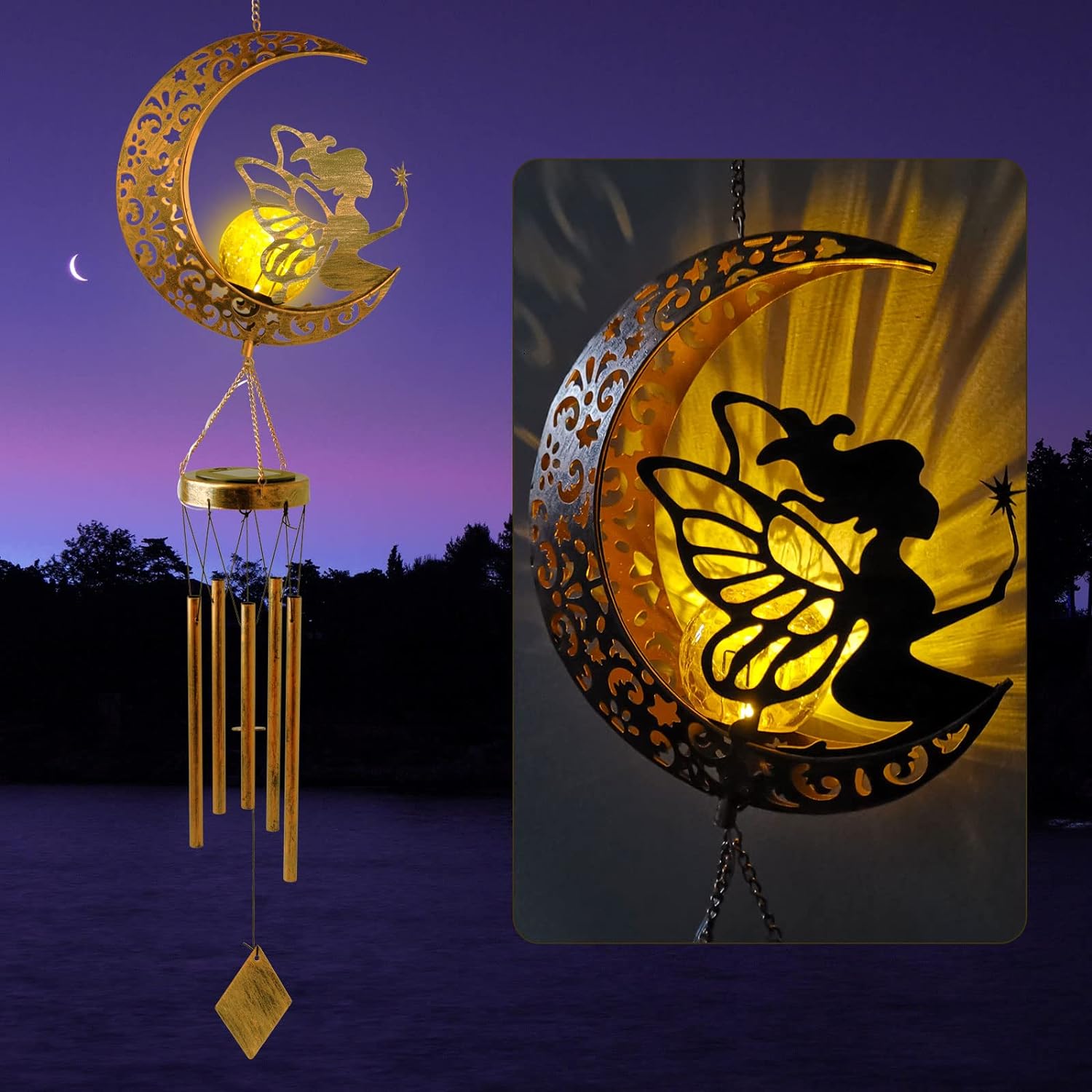 Solar Powered Moon Fairy Wind Chimes, Outdoor Crackle Glass Ball Solar ...
