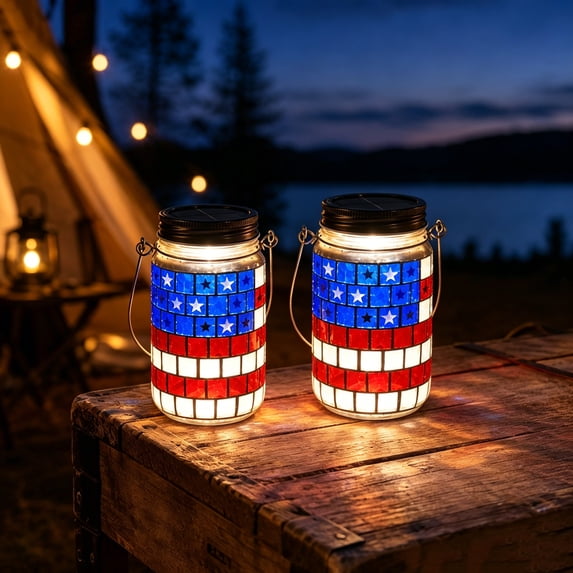 Solar Powered Outdoor Hanging Light Glass Jar Lantern With Usa Flag ...