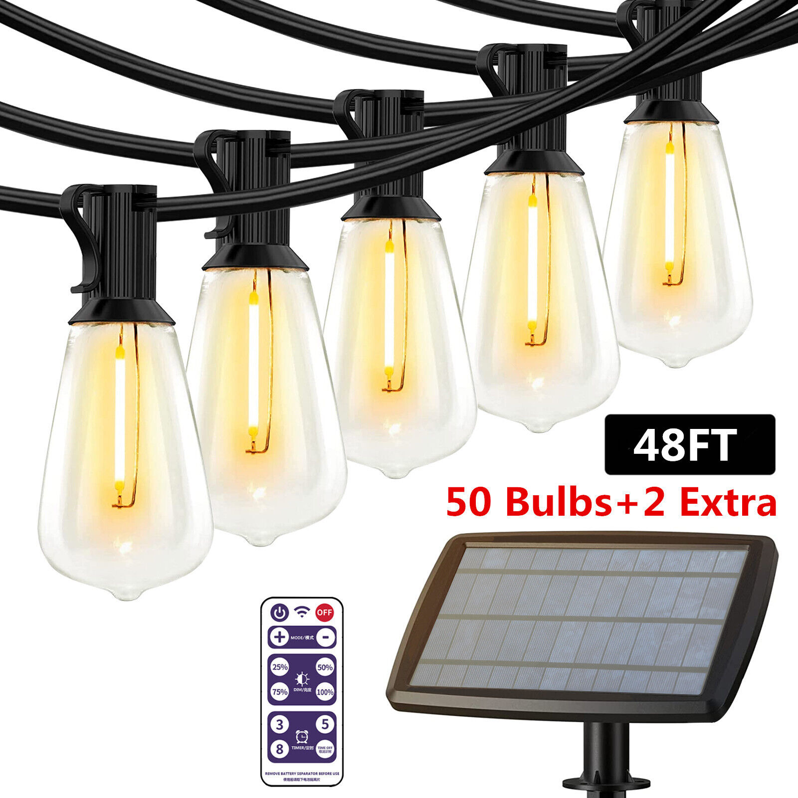Solar Powered Outdoor String Lights Waterproof Patio Lights 48ft with ...
