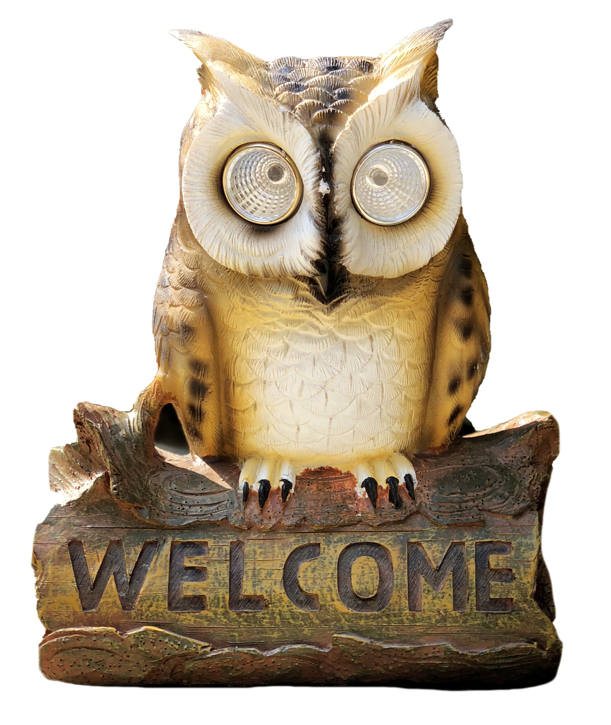 Solar Powered Owl On A Log With " Welcome " Sign Outdoor LED Garden ...