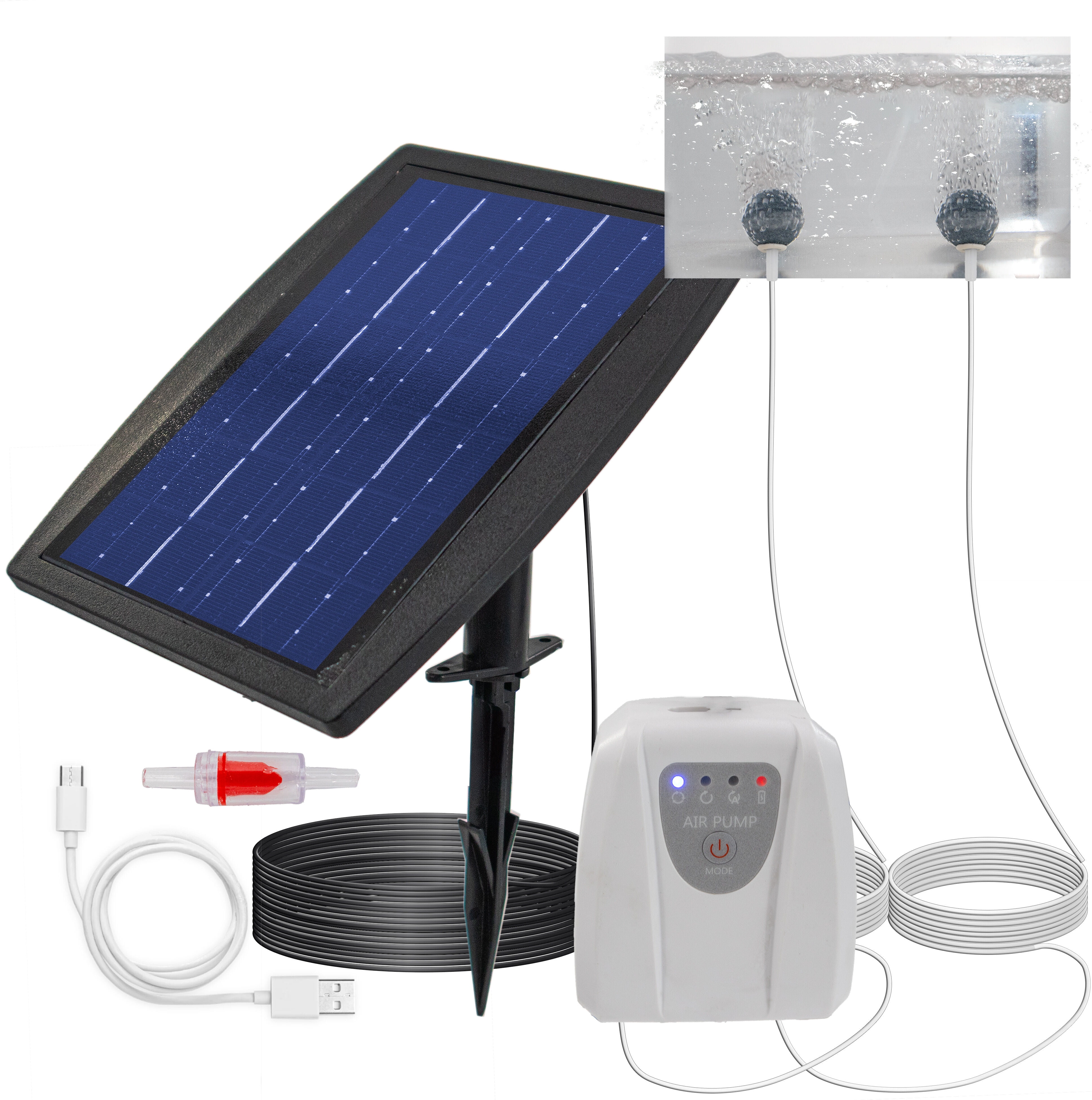 Solar Powered Pond Aerator Air Pump - 2 Air Stone Diffusers, USB ...