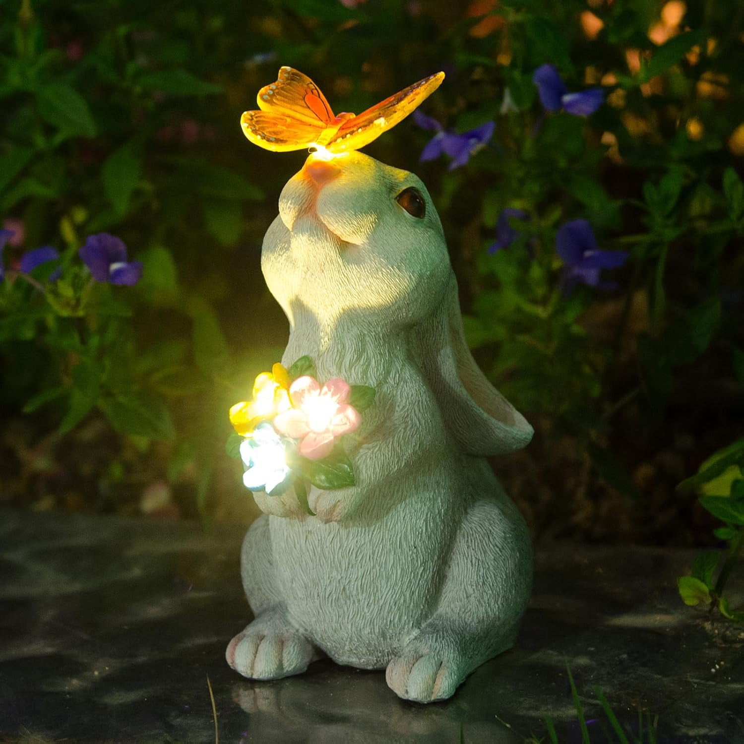 Solar Powered Rabbit & Flower Statue for Garden, Lawn, Patio, Balcony ...