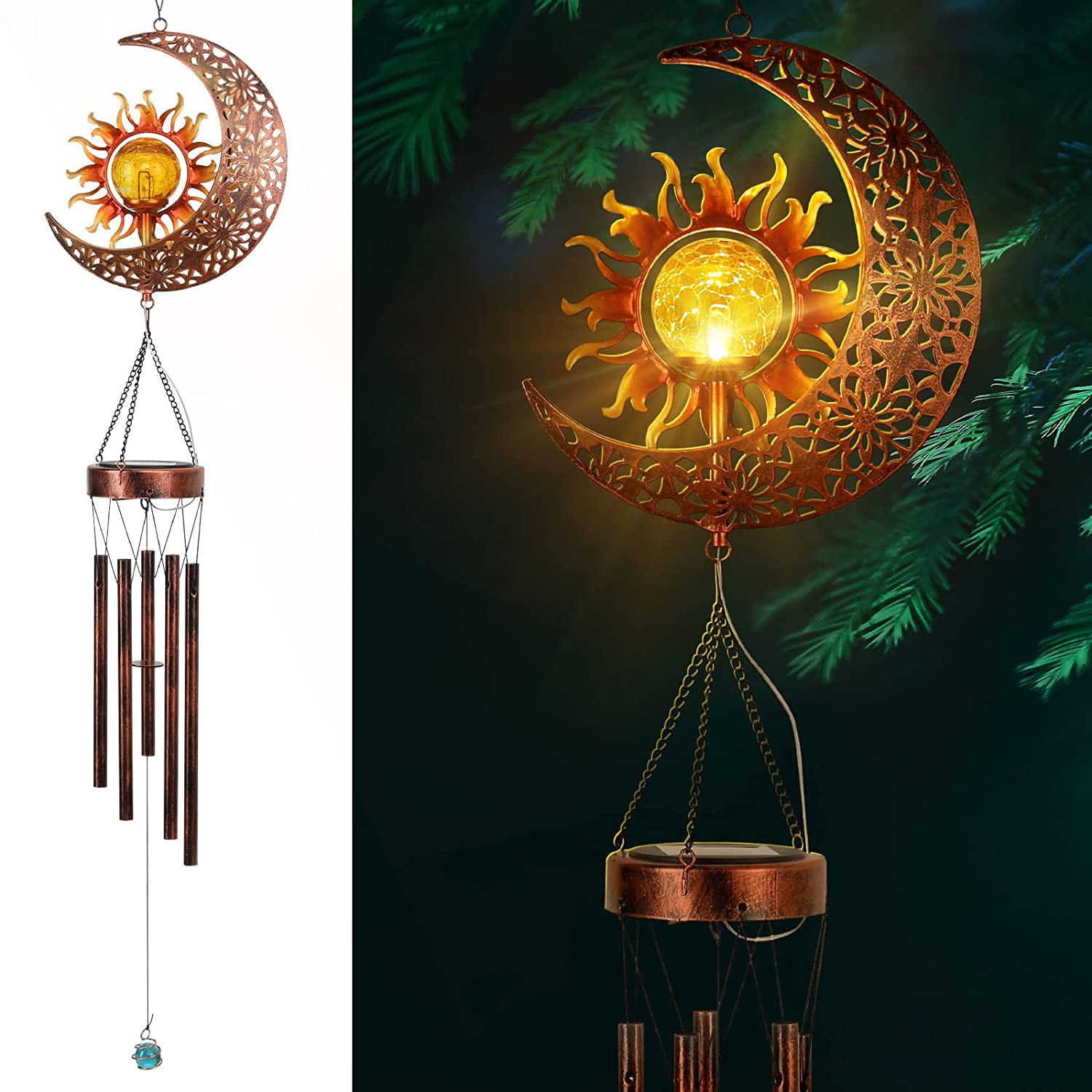 Solar-Powered Red Bronze Wind Chime with Cracked Glass Ball and ...