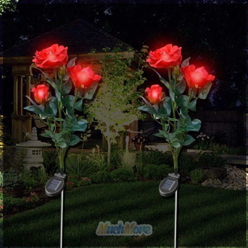 Solar Powered Rose Flower Stake Lights Garden Yard Outdoor Waterproof ...