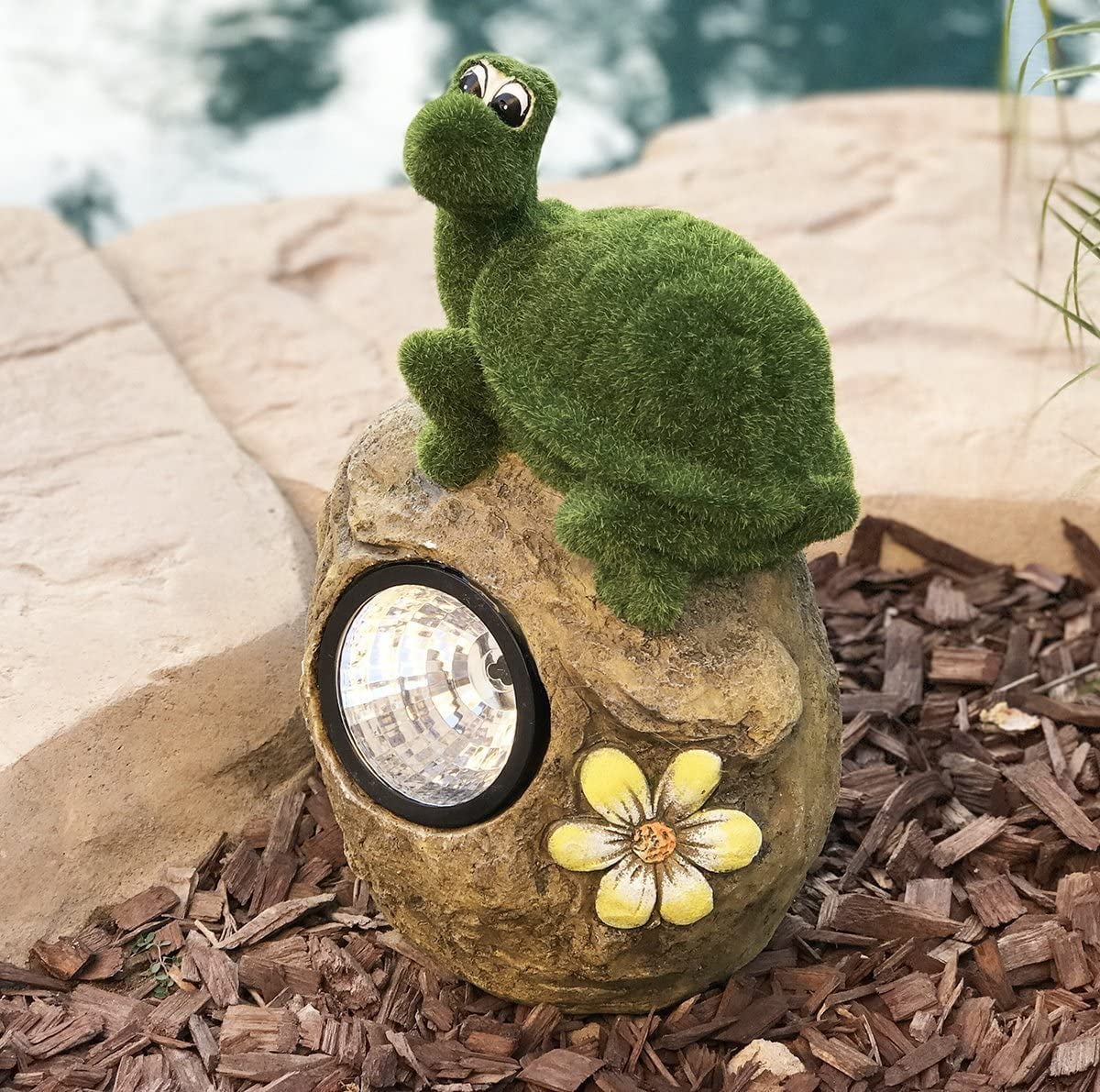 Solar Powered Tortoise On Garden Rock Sculpture In Flocked Artificial ...