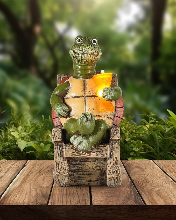 Solar-Powered Turtle Figurine Light with Glowing Cup - 5.5 in Lifelike ...