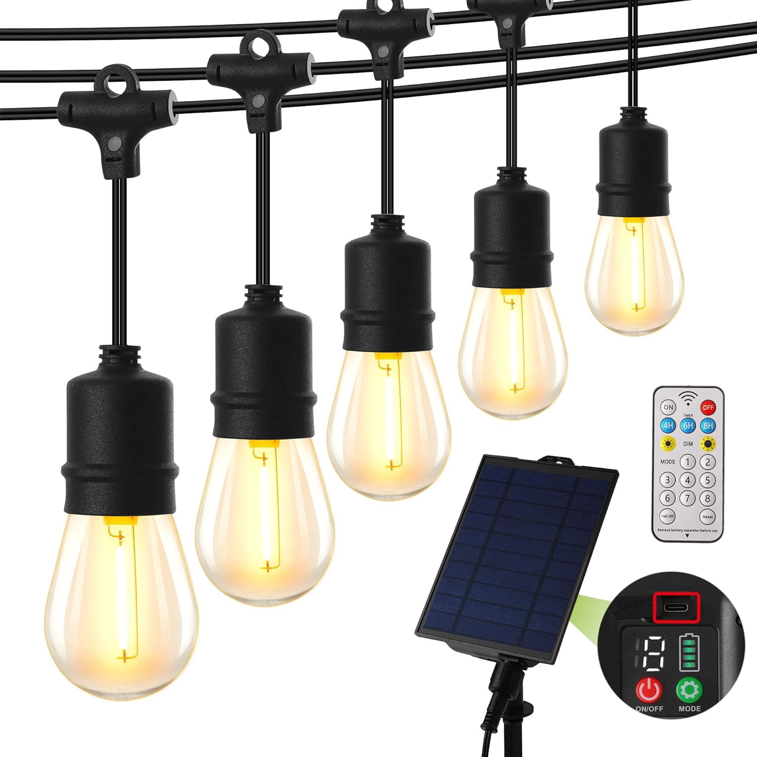 Solar Powered Waterproof LED Outdoor String Lights with Dimmable Remote ...