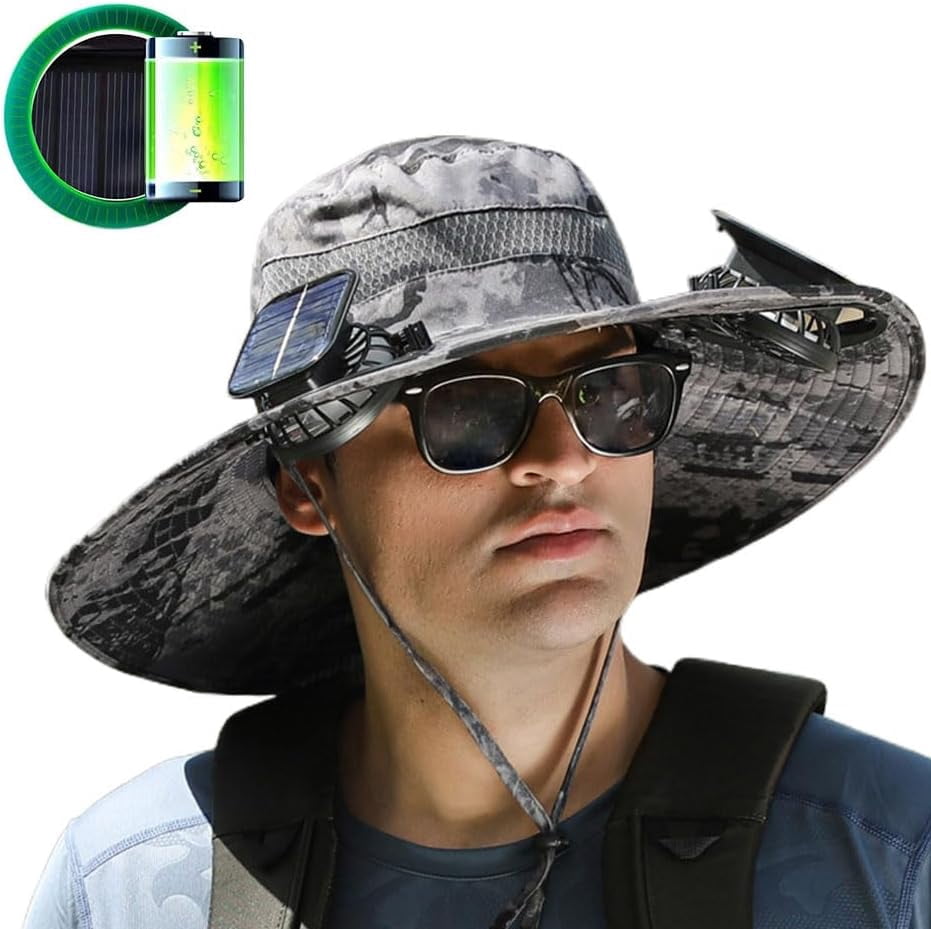 Solar-Powered Wide Brim Cooling Hat - UPF50+ Adjustable Sun Hat with ...