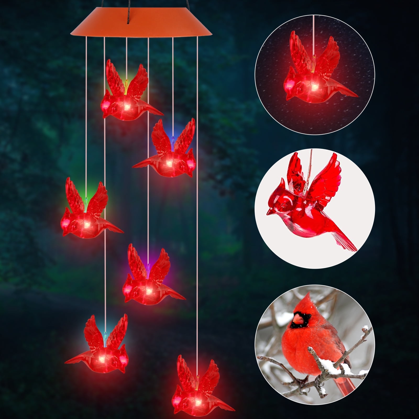 Solar Powered Wind Chimes Light, Cardinal Red Bird Wind Belles Lights ...