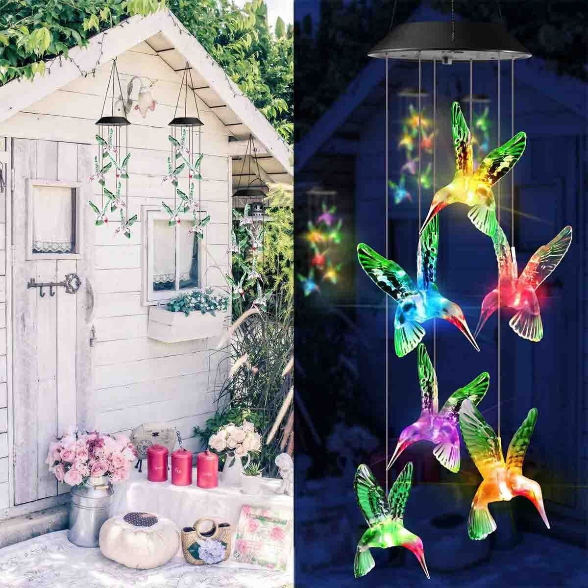 Solar Powered Windchime Light, Hummingbird Wind Bell LED Changing Color ...