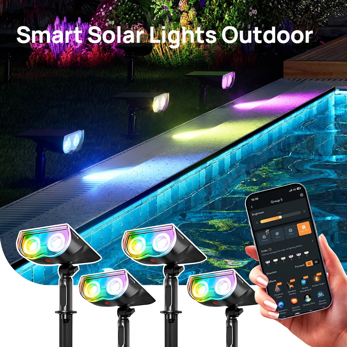 Solar RGB Outdoor Spotlights Waterproof APP Voice Control Music Sync ...