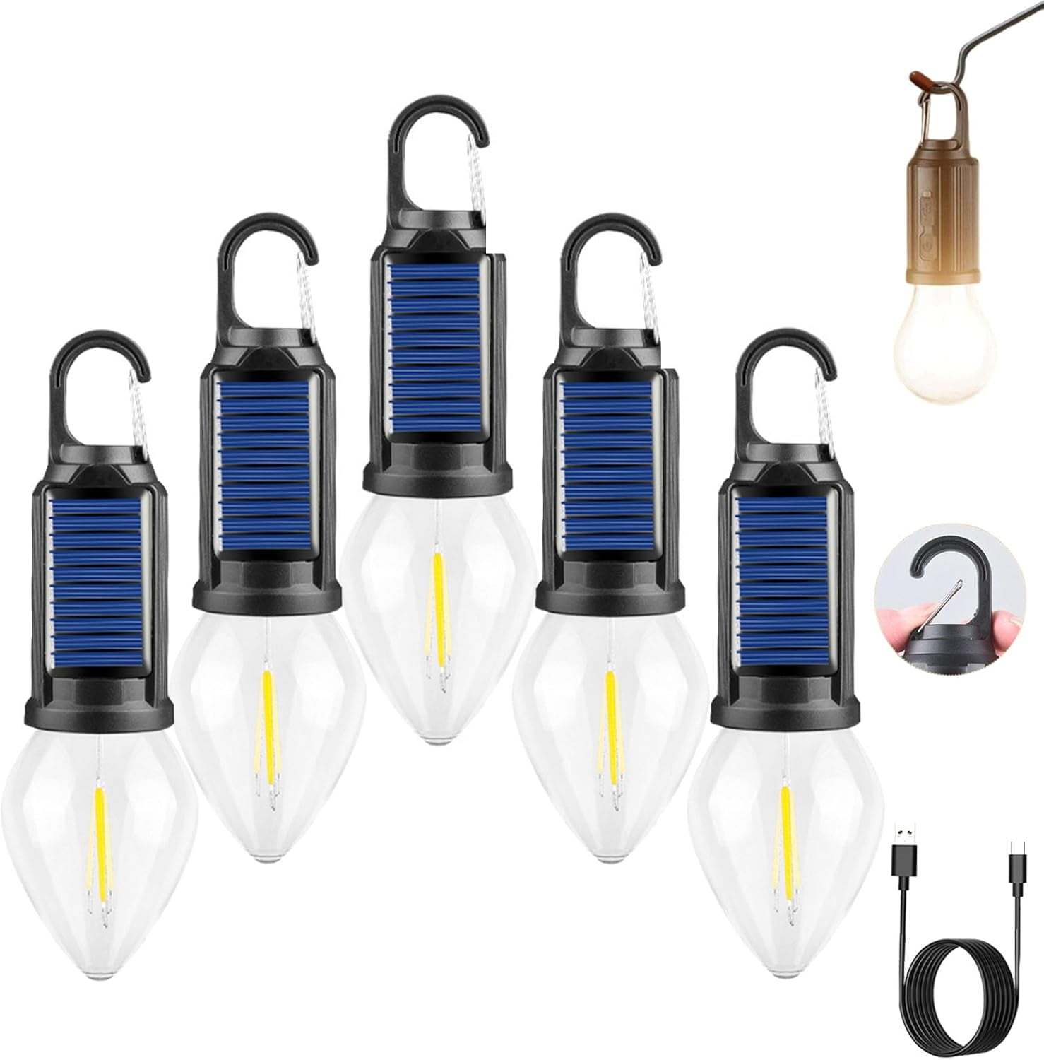 Solar Rechargeable Hooked Camping Light, Solar Tent Lights USB ...