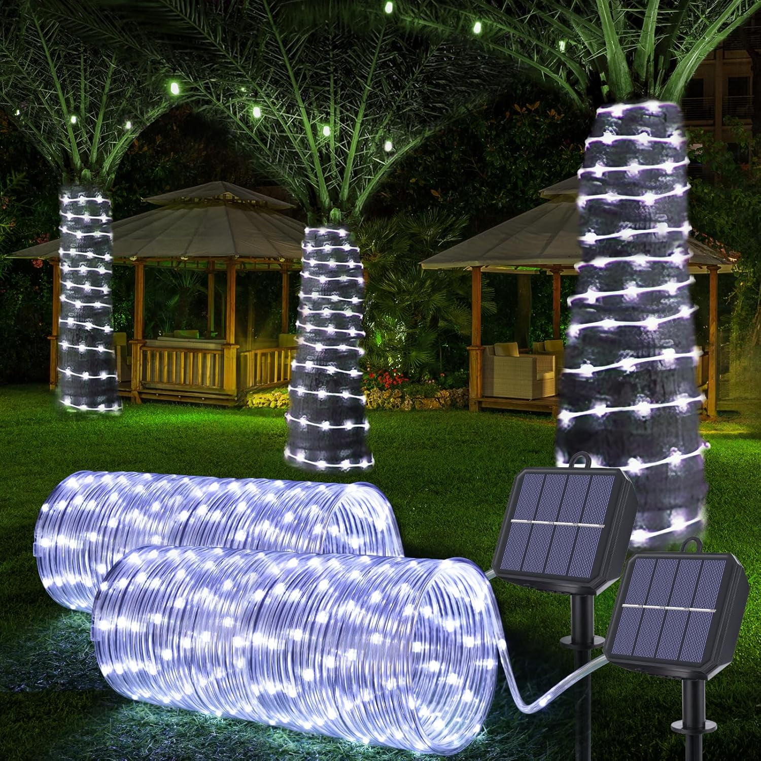 Solar Rope Lights, 2 Packs 66ft 200LED Solar String Lights, 8 Modes ...