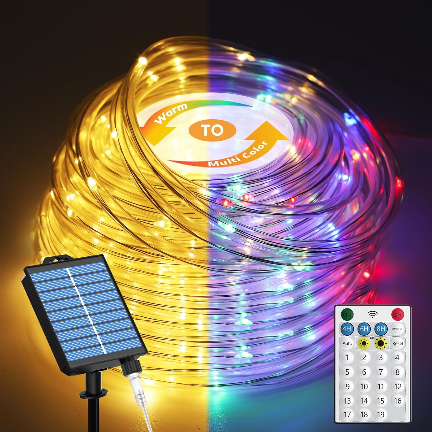 Solar Rope Lights Outdoor, 66Ft 200LED 1800mAh Christmas String Lights ...