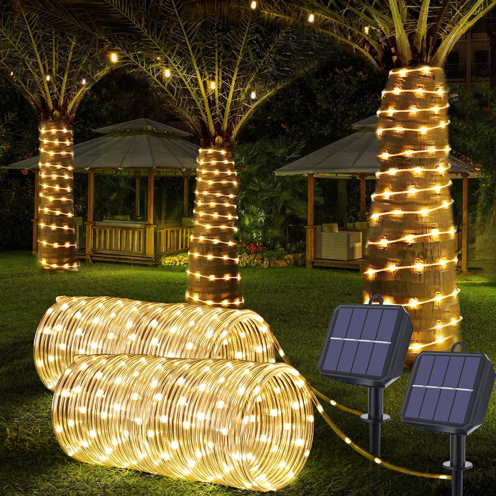 Solar Rope Lights, 2 Pack 66ft 200 LED Solar Powered String Lights with ...