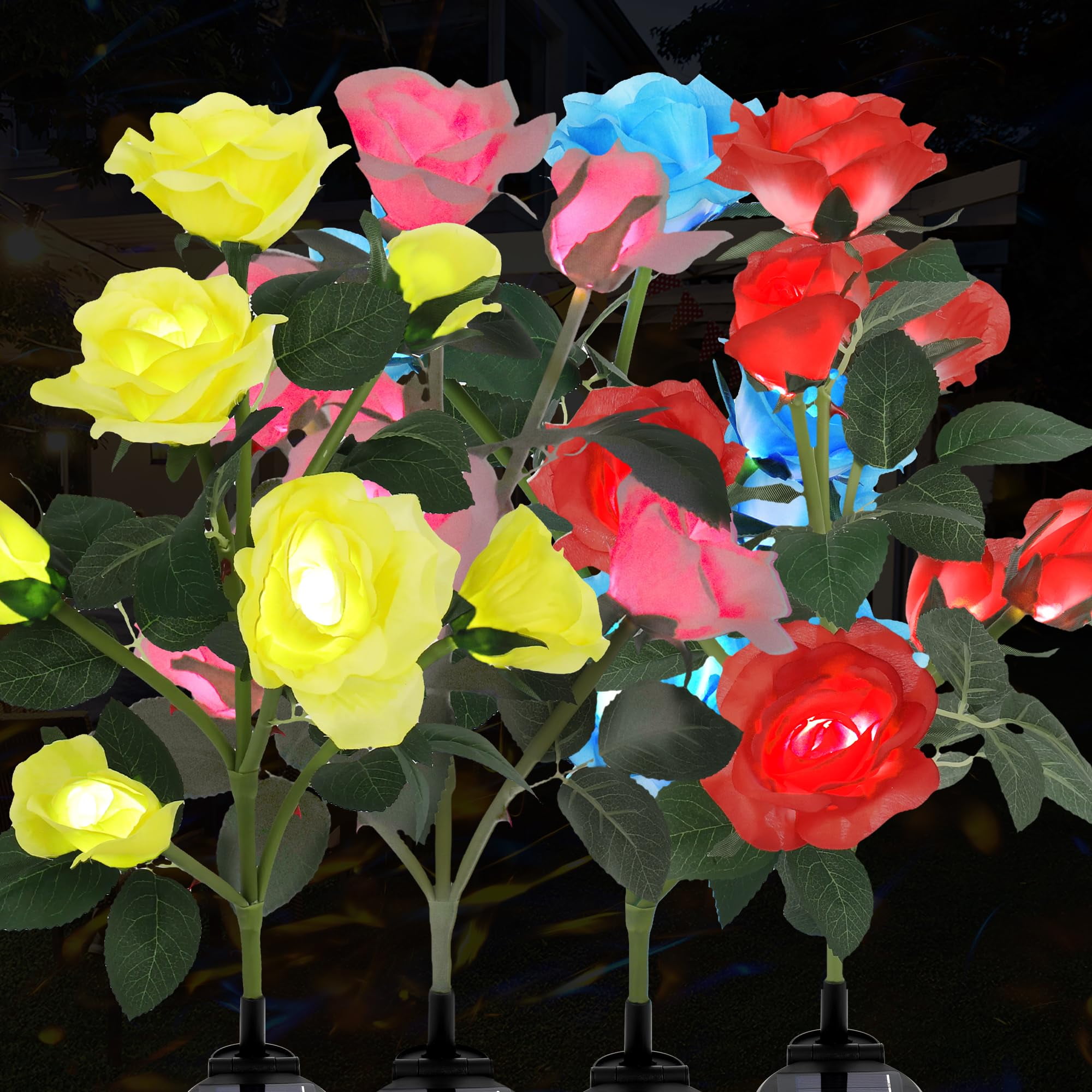 Solar Rose Lights Outdoor, 4 Pack Waterproof Color LED Flower Lights ...