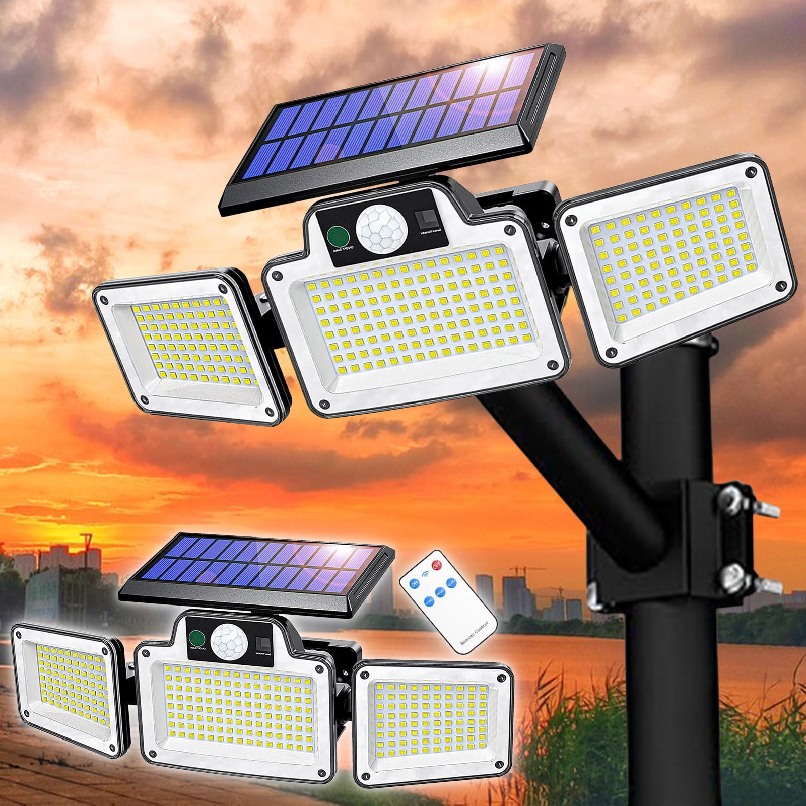Solar Security Lights 280 LED Motion Sensor Outdoor 3 Adjustable Heads ...