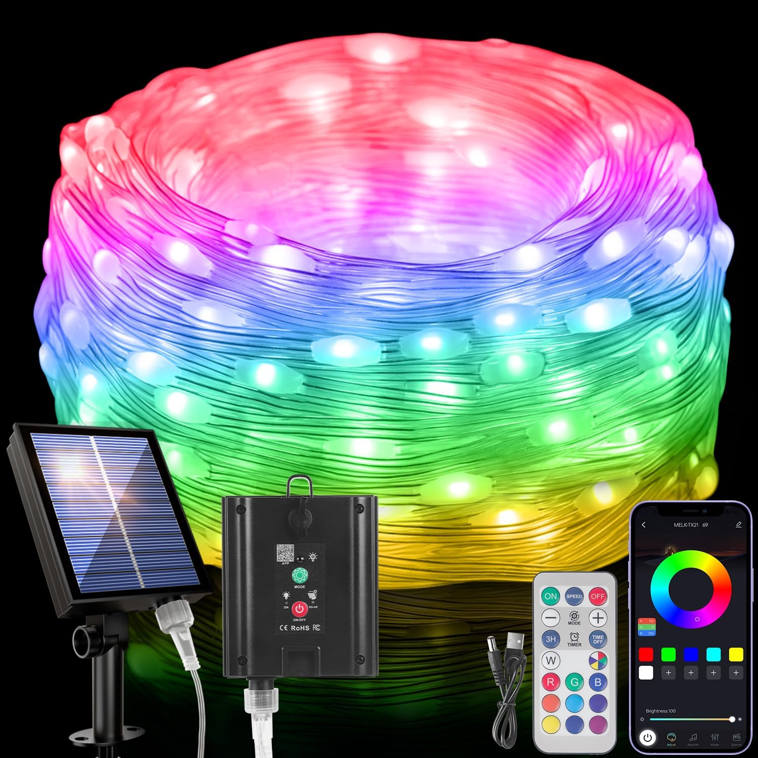 Solar Smart String Lights 16FT/5M [APP & Remote Control], 50 LEDs RGB ...