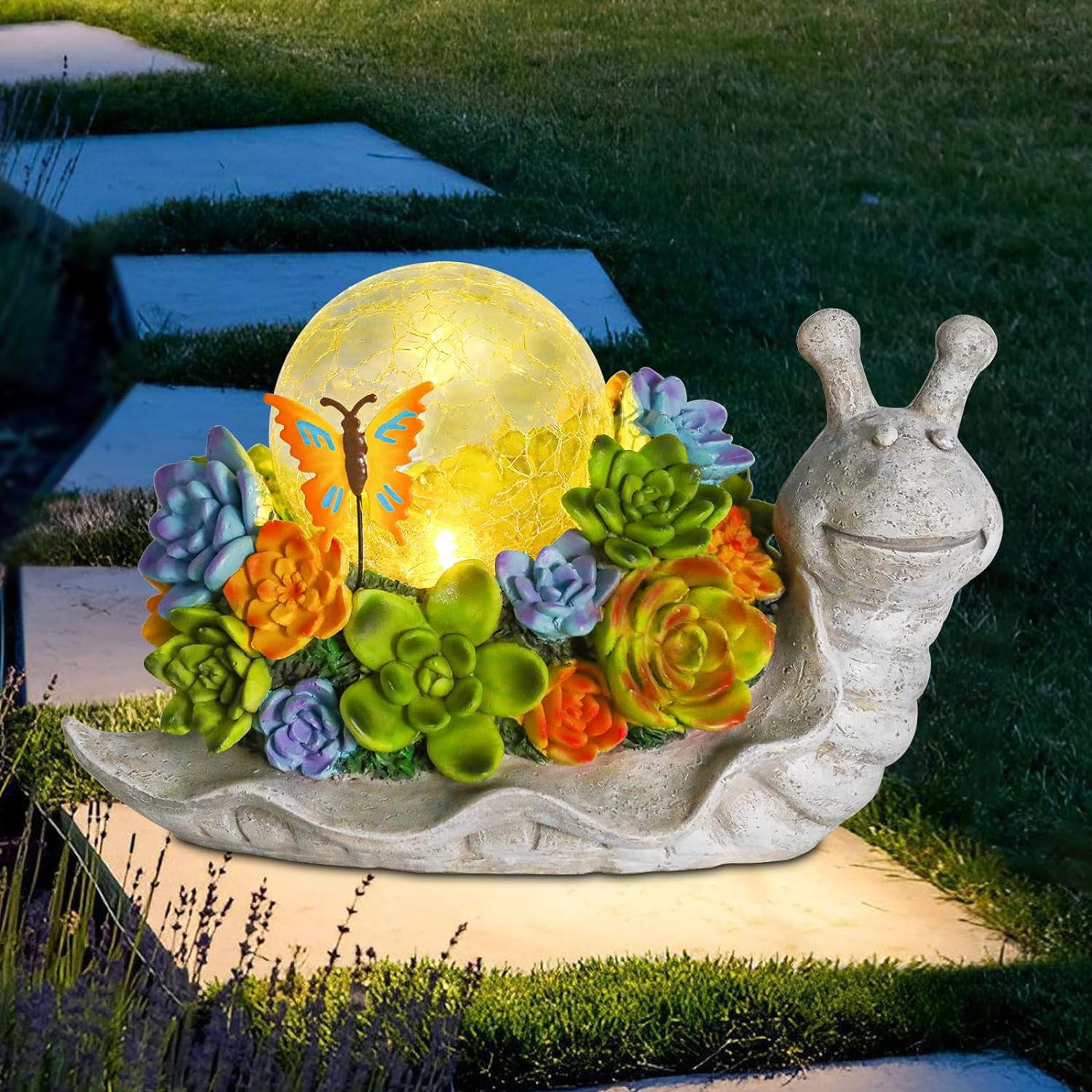 Solar Snail Garden Statues With Succulent Outdoor Resin Figurine Solar ...