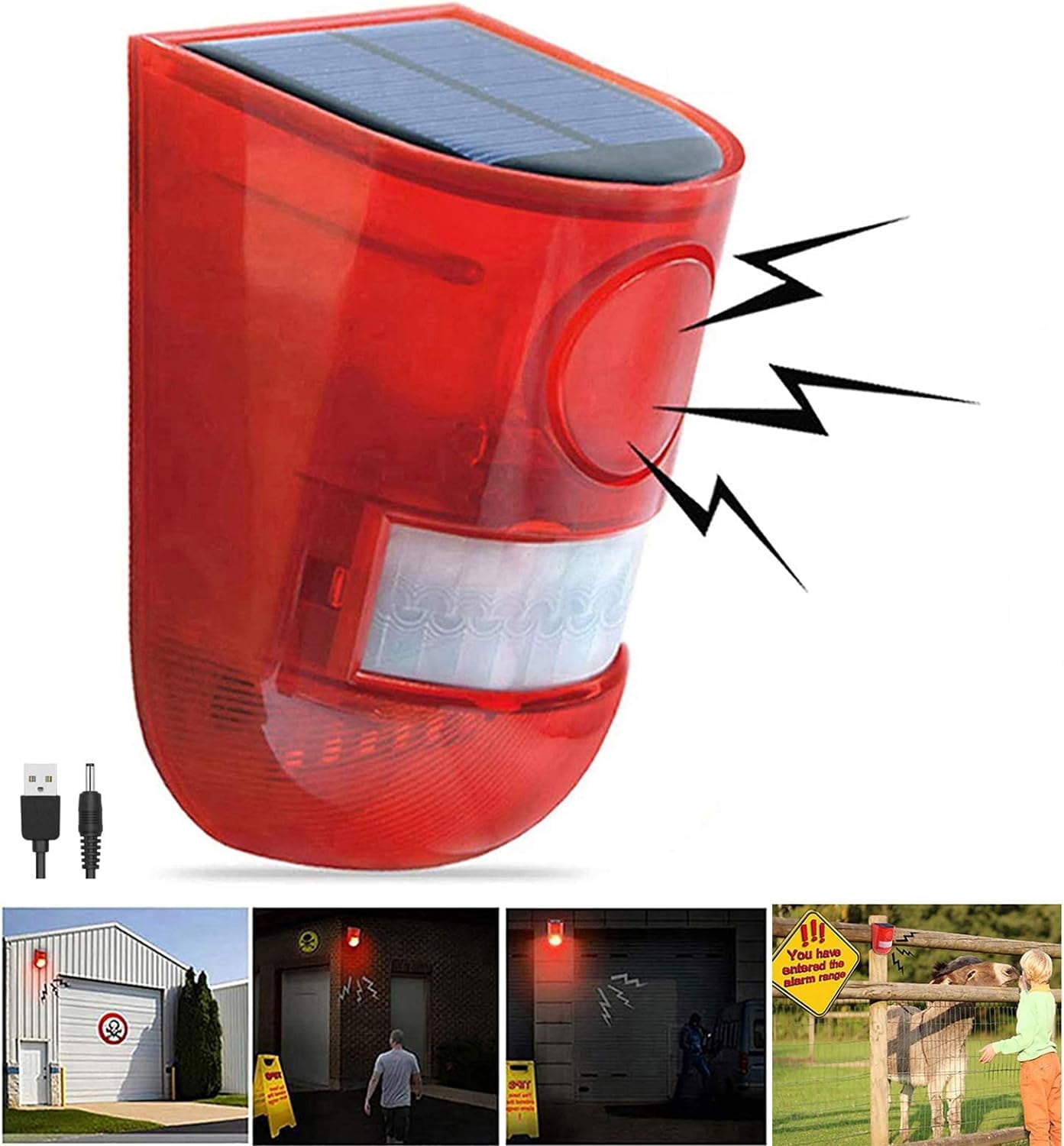 Solar Sound & Light Alarm Motion Sensor 110 Decibels Siren Sound Alert ...
