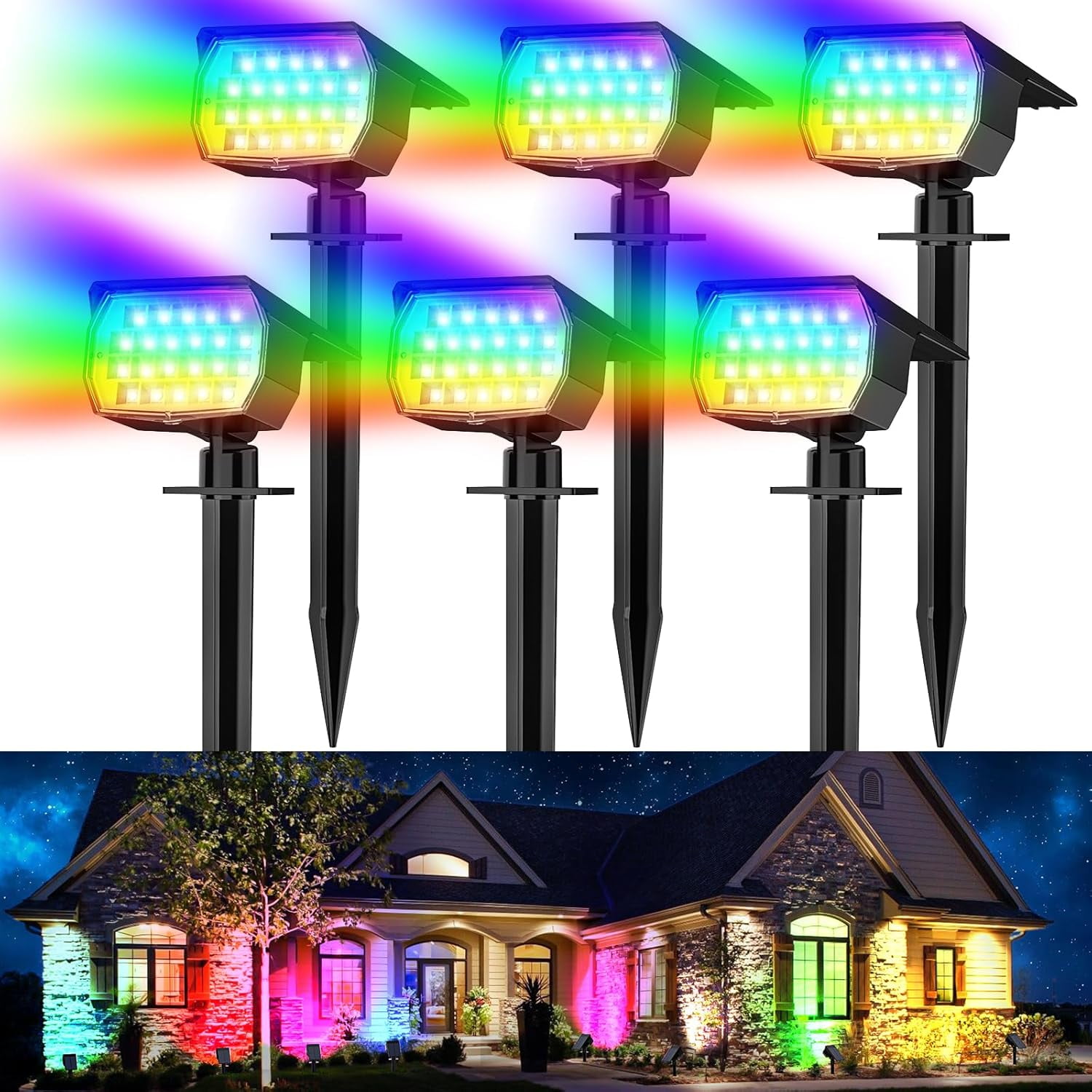 Solar Spot Lights Outdoor Color Changing, 7 Mode/6 pack Christmas ...