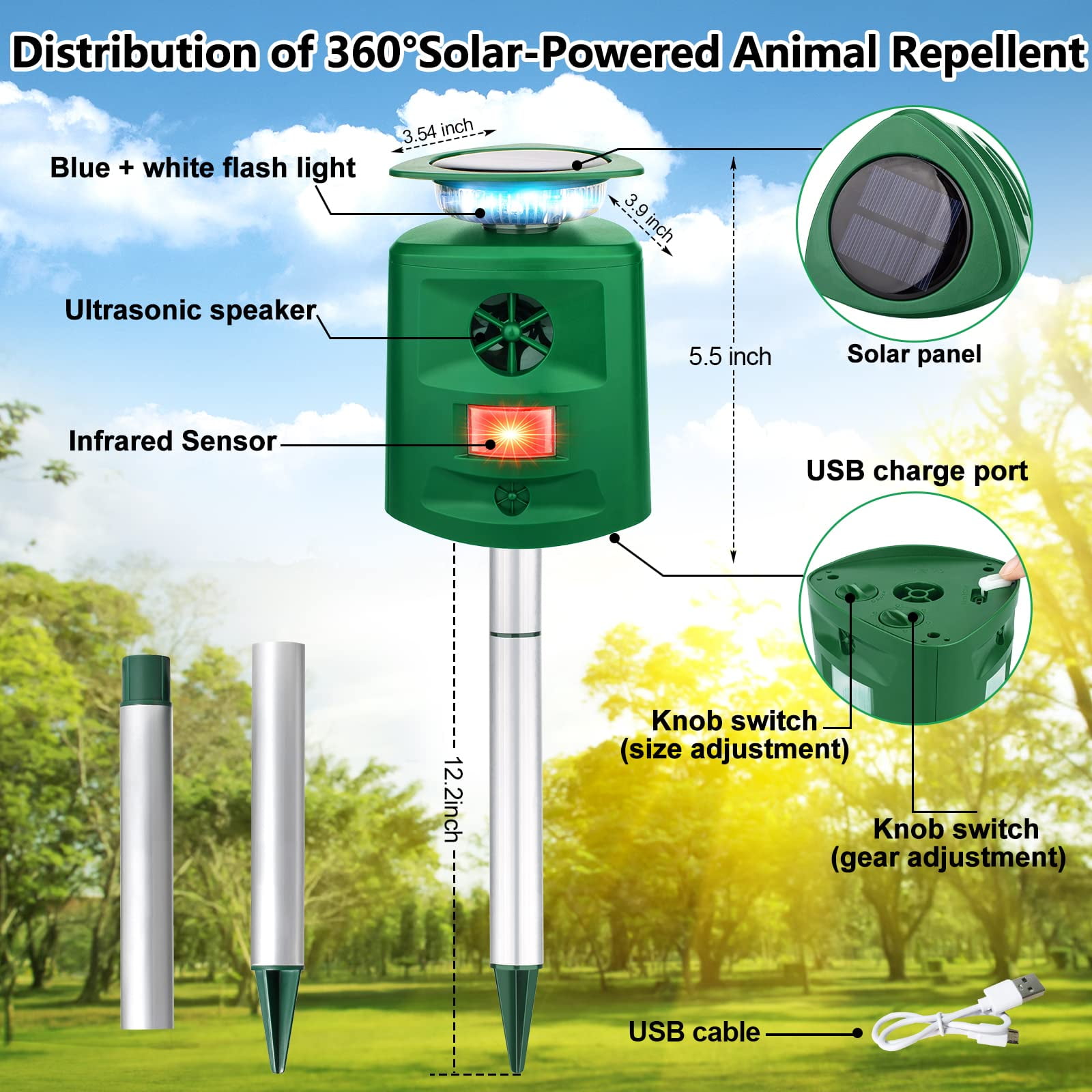 Solar Squirrel Cat Deer Repellent Outdoor, 360° Ultrasonic Repellent ...