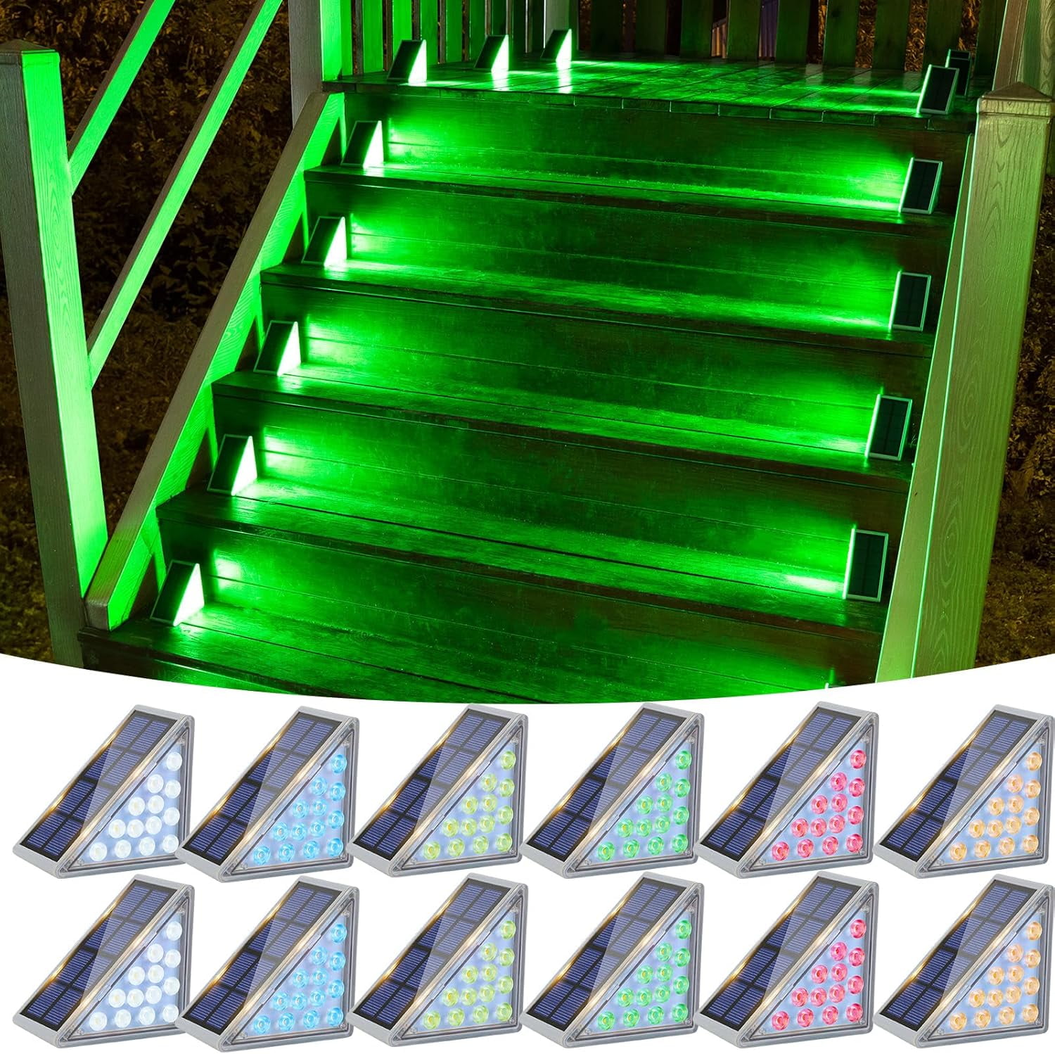Solar Stair Lights 12 , 7 Fixed Colors, Solar Step Lights Outdoor IP67 ...
