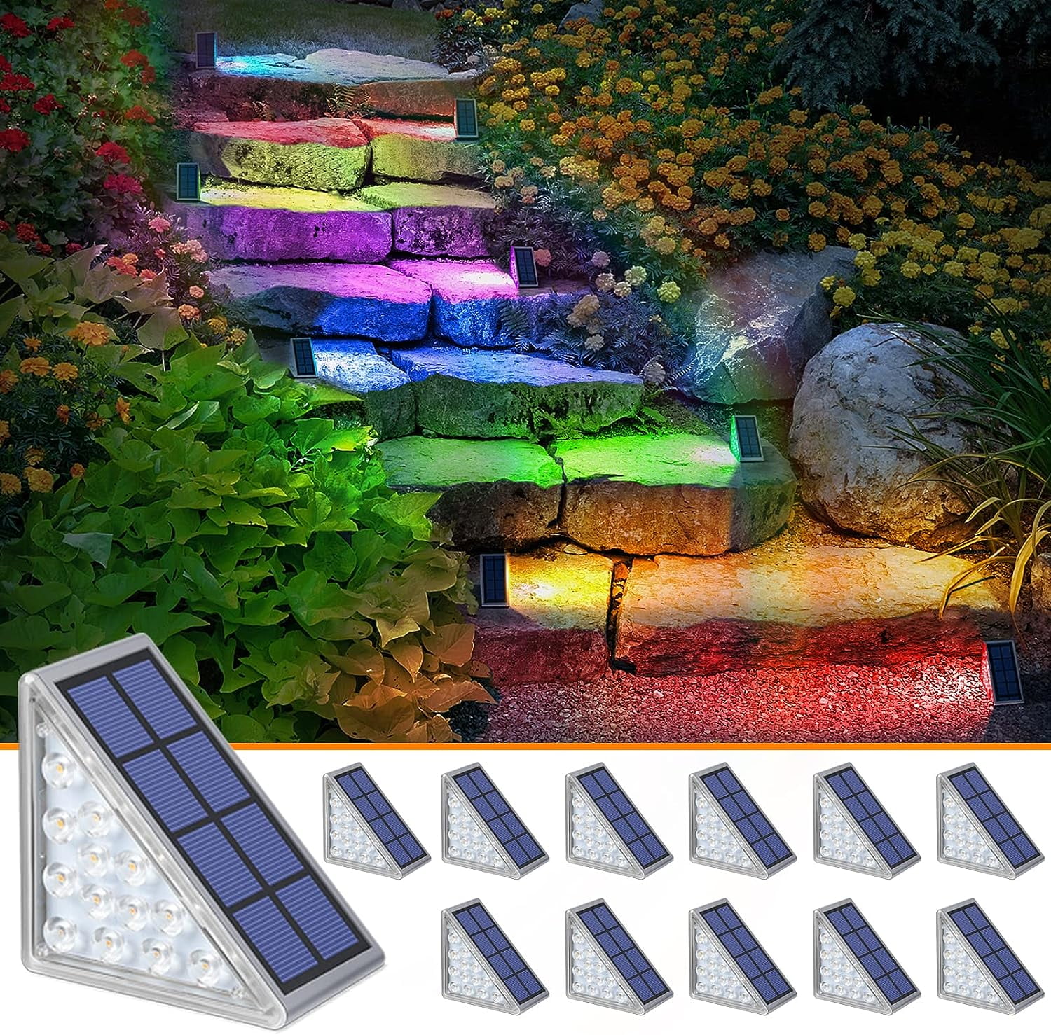 Solar Stair Lights 12 Pack, 7 Fixed Colors, Solar Step Lights Outdoor ...