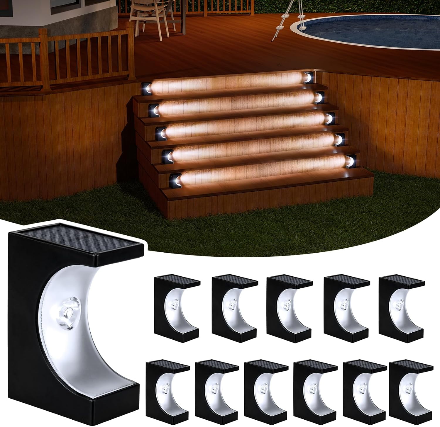 Solar Stair Lights - 12 Pack Bright Solar Step Deck Lights, Moon Shape ...
