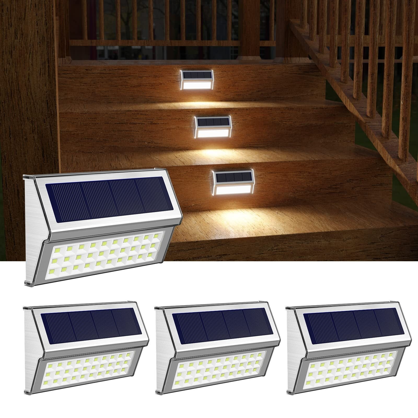 Solar Step Lights Outdoor 4 Pack 30 LED Stainless Steel Solar Outside ...