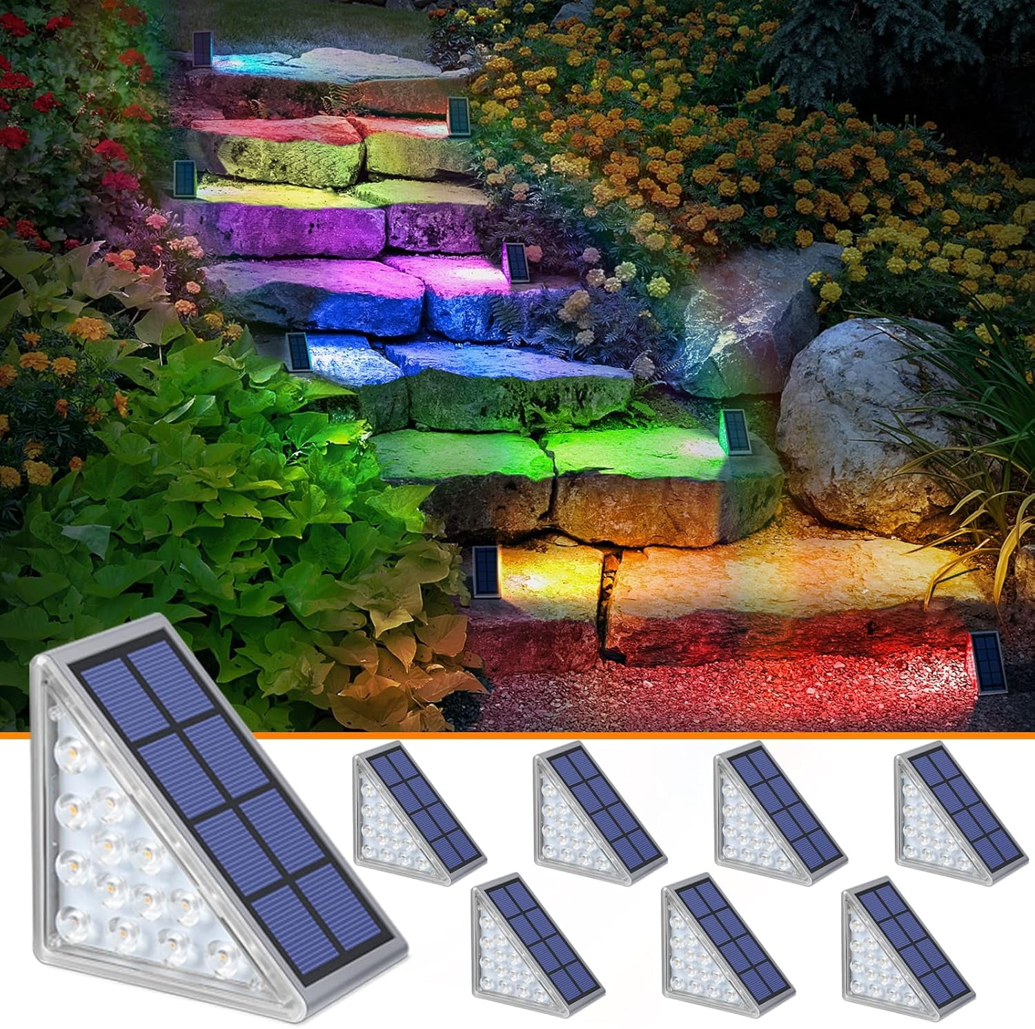 Solar Step Lights for Outside,8 Solid Color Changing Solar Stair Lights ...