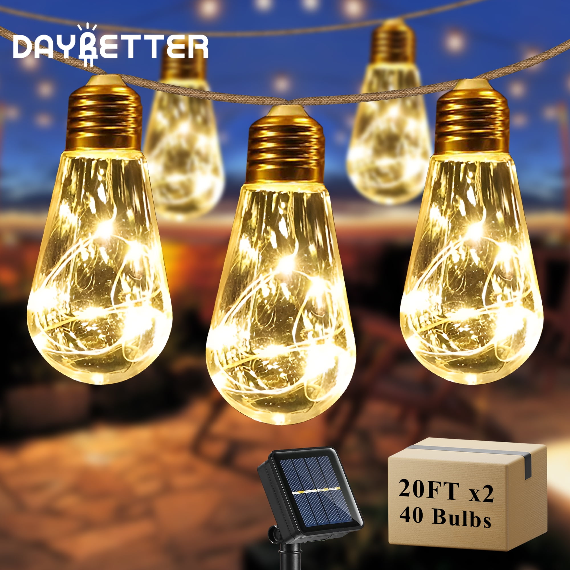 DAYBETTER Solar Outdoor String Lights 2PCS 20FT Vintage Rope Hemp Solar ...