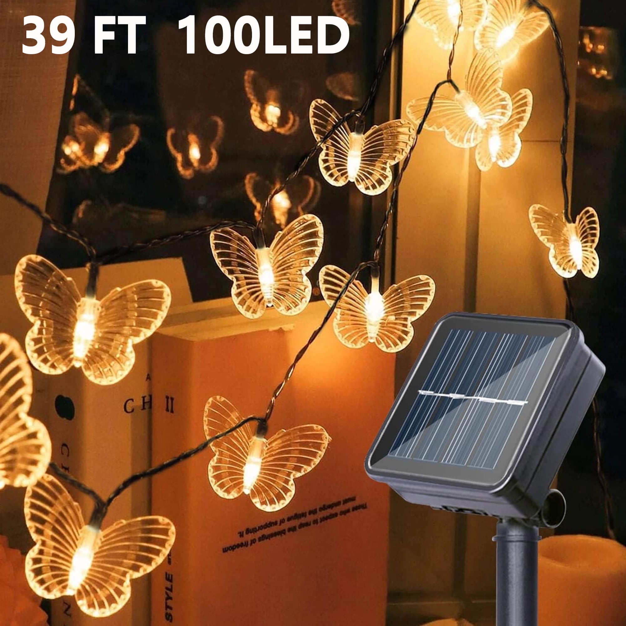 Solar Butterflies String Lights, 39Ft Waterproof 8 Modes Outdoor Solar String Lights with Sensor ...
