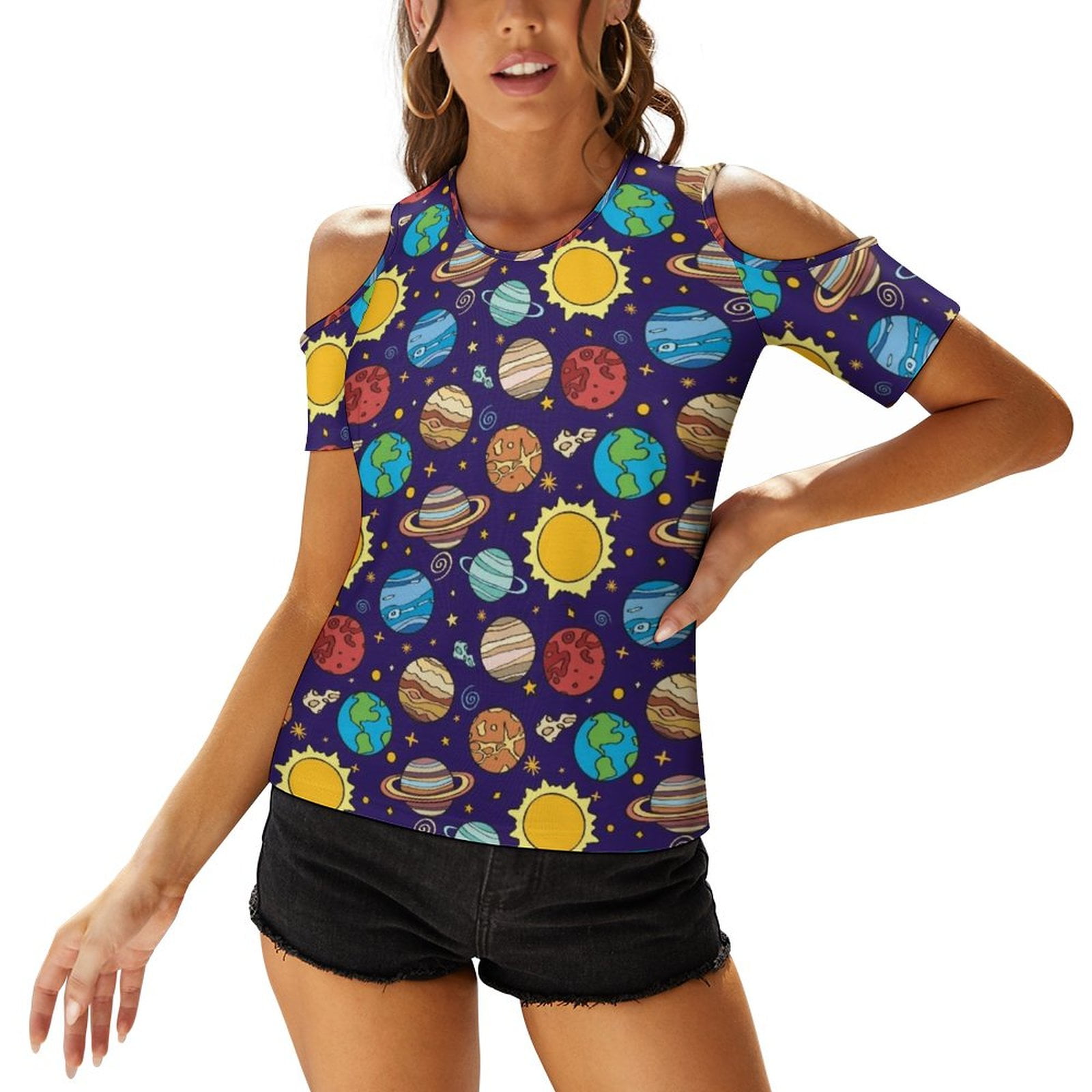 Solar System And Club Fashion Female T-Shirt Short Sleeve Off Shoulder ...