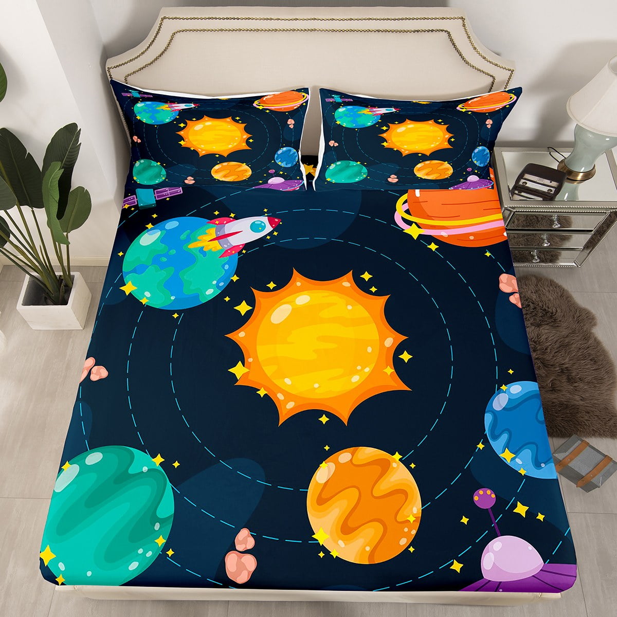 Solar System Bedding Set Twin Size,Cartoon Outer Space Fitted Sheet ...