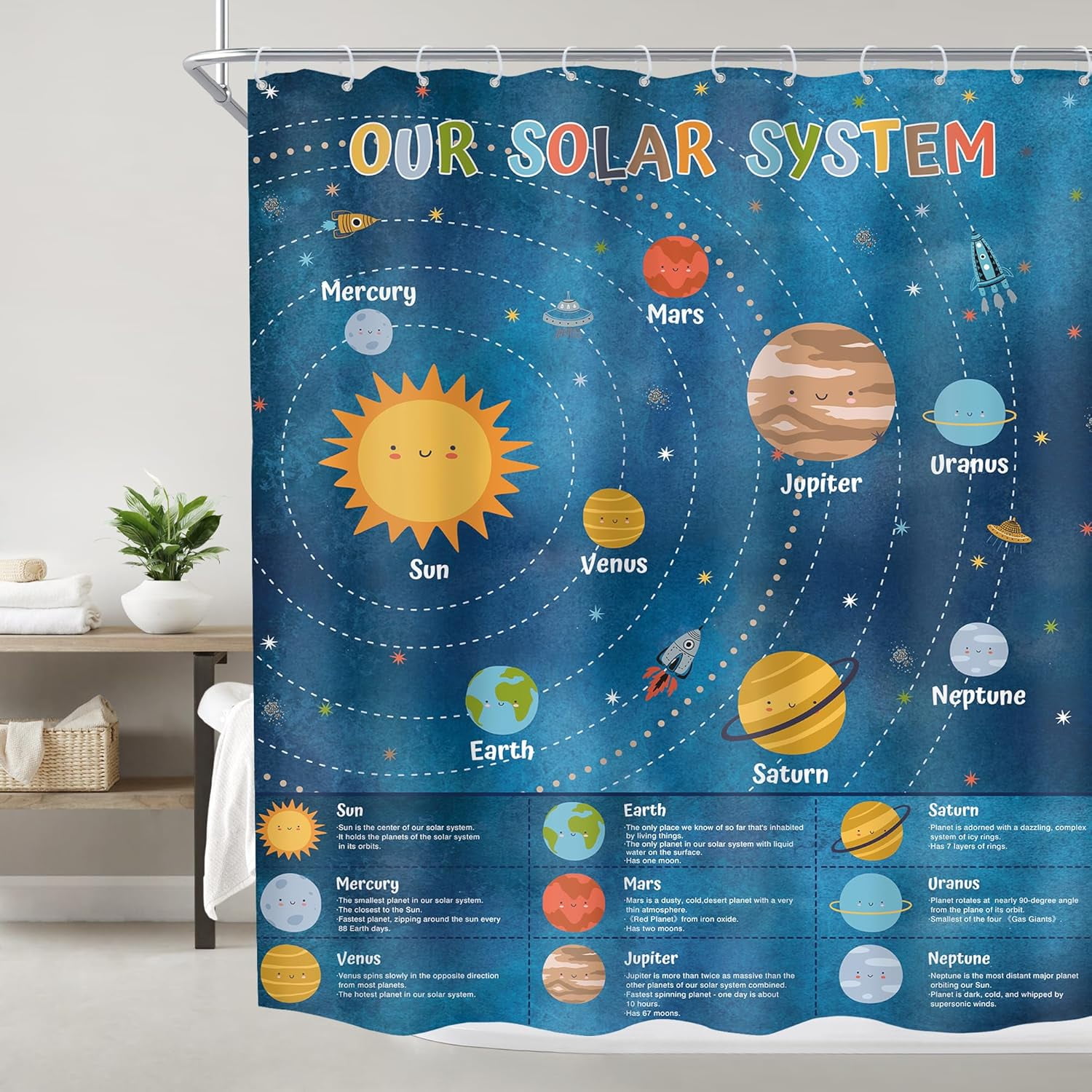 Solar System Kids Shower Curtain Inches Space Galaxy Cartoon Planets ...