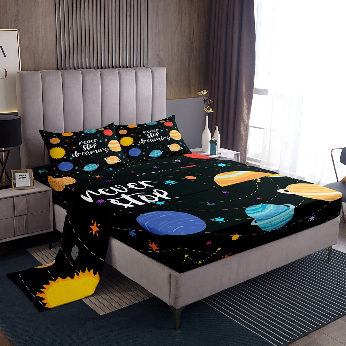Solar System King Bed Sheets Set Outer Space Fitted Sheet,Cute Cartoon ...