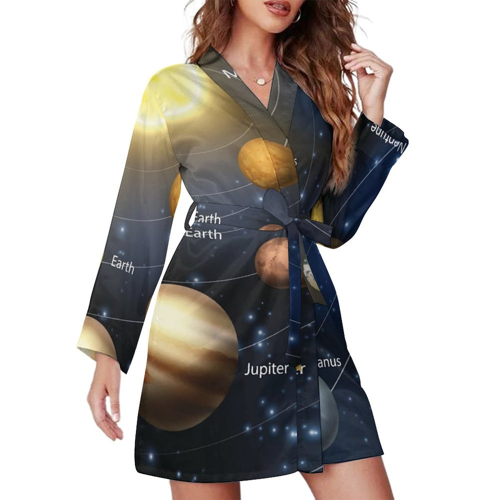 Solar System Night Robe Long Sleeve V Neck Robe With Belt Women's ...