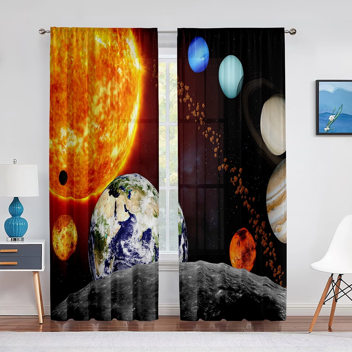 Solar System Outer Space Sheer Voile Curtain for Living Room Bedroom r Planet Galaxy Glitter ...