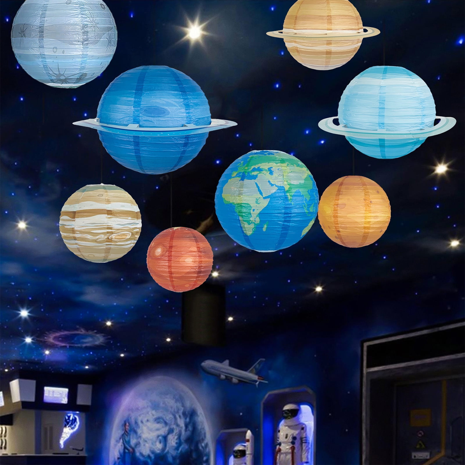 Solar System Party Decorations 8-Pack Paper Lanterns with Planetary Rings for Kids Room Ceiling ...