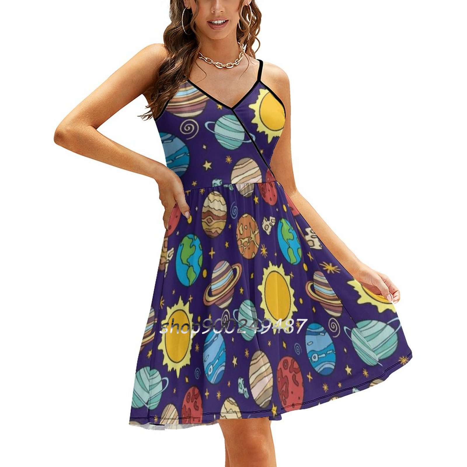 Solar System Square Neck Dress Sweet Summer Dress Women Elegant Halter Print Dress Solar System ...