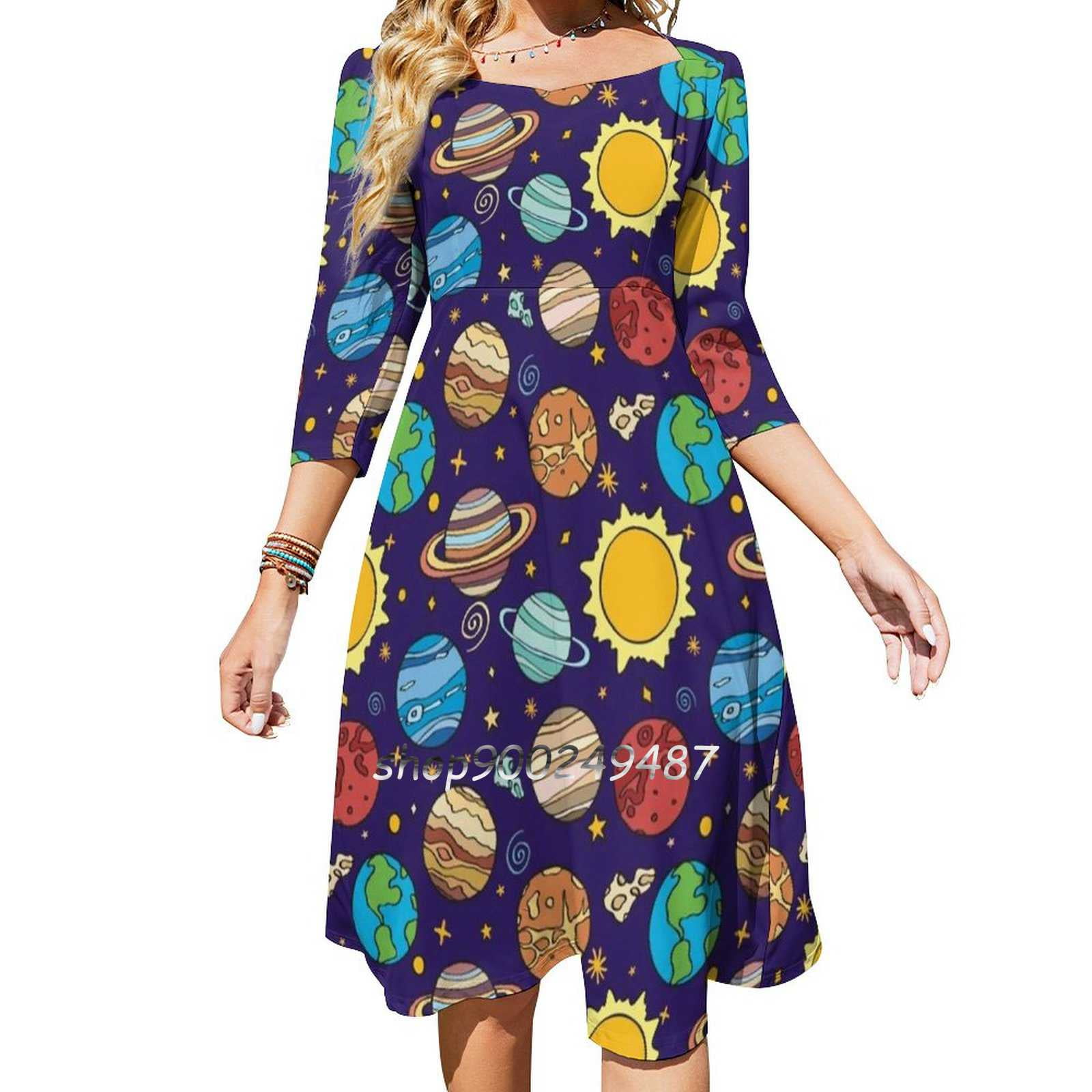 Solar System Square Neck Dress Sweet Summer Dress Women Elegant Halter ...