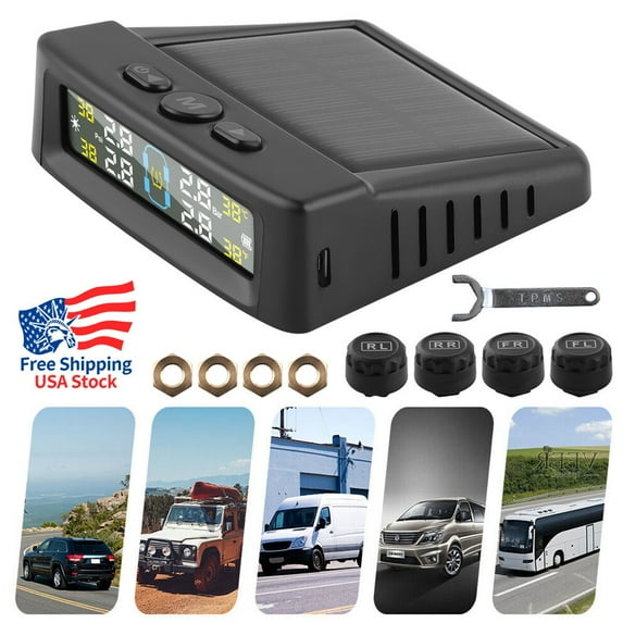 Solar Tire Pressure Monitoring System T12 TPMS Wireless Monitor 4 Tire ...
