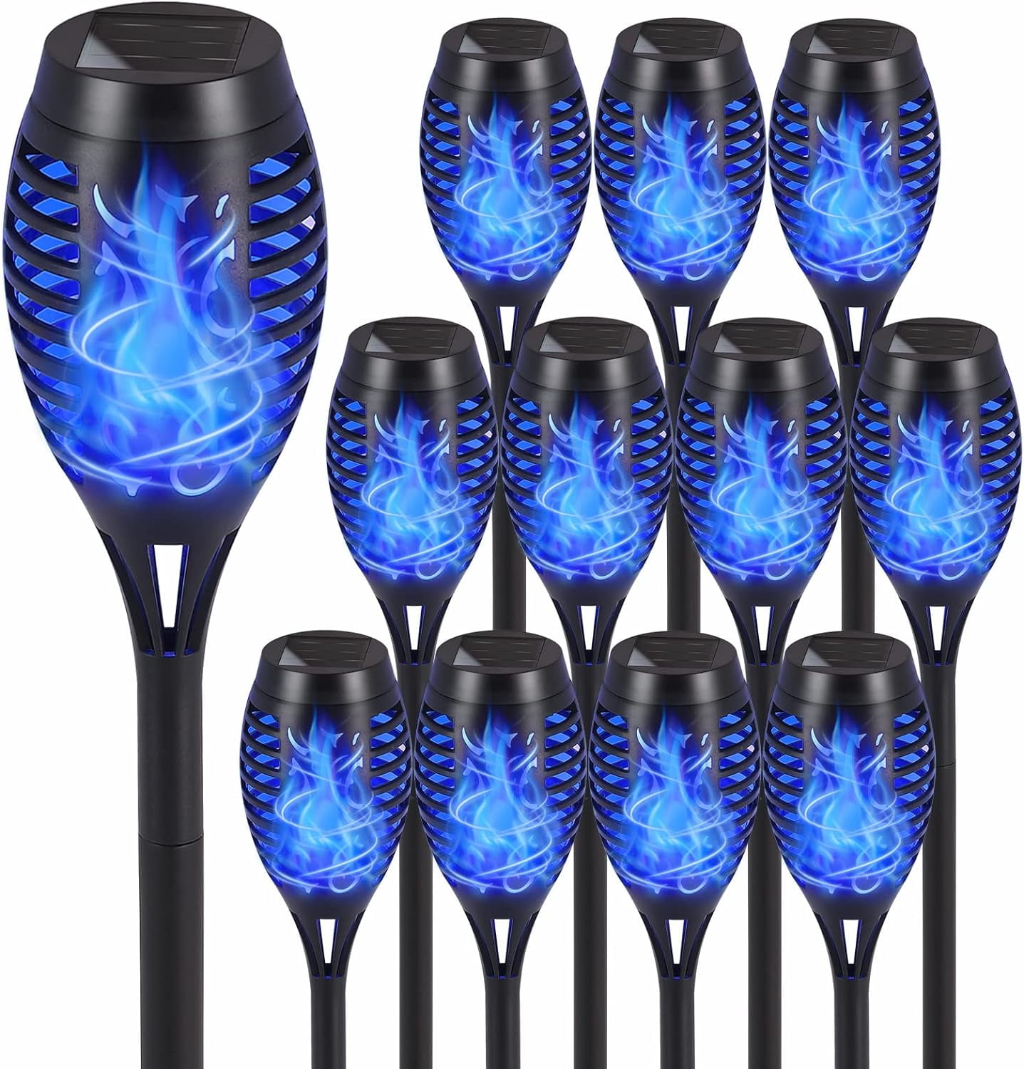 12 Pack Solar Powered Flickering Torch Lights, Blue LED Tiki Torches ...