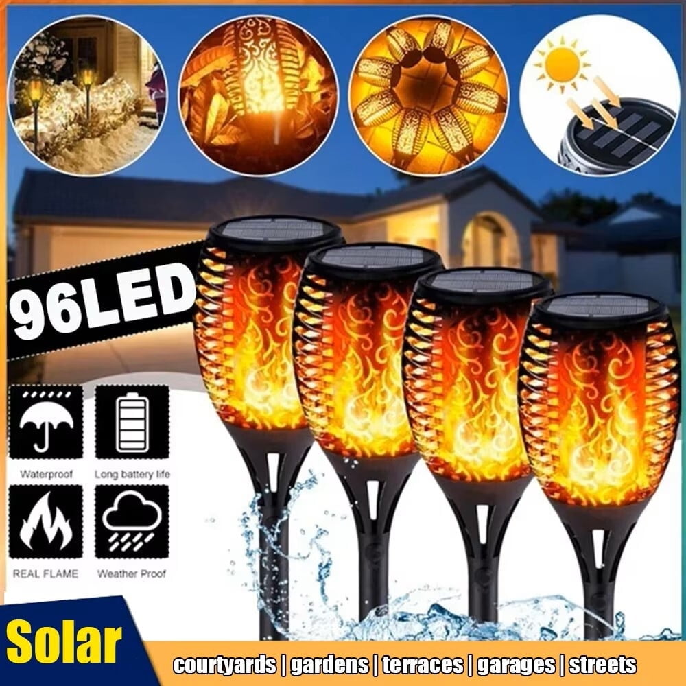 Solar Torch Lights Outdoor Flickering Solar Lights 4 Pack Tiki Torch Lights with Flickering ...