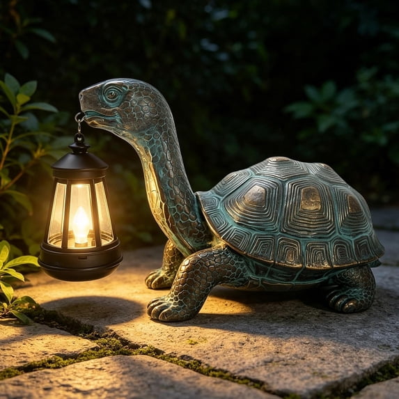 Solar Turtle Garden Statue with Hanging Solar Lantern | Bronze Resin ...