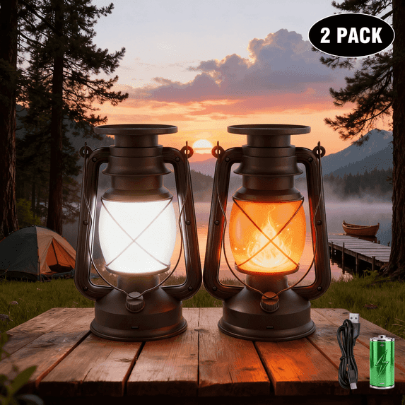 Homechoose Solar & USB-C Rechargeable LED Lanterns with Flame Effect ...