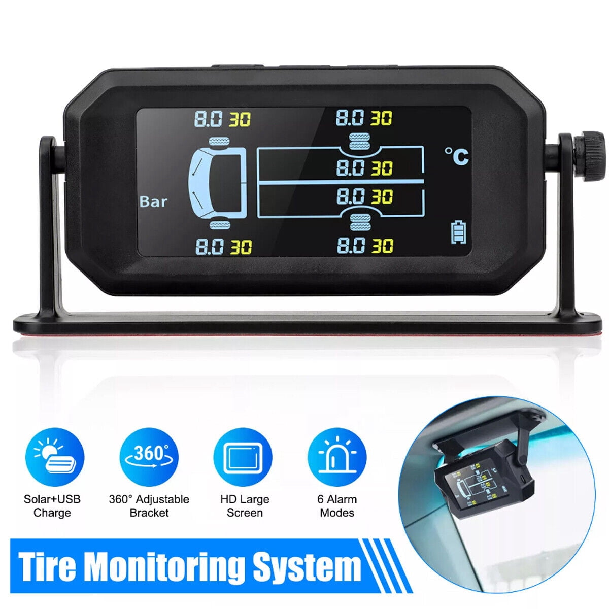 Solar USB LCD Wireless TPMS Tire Pressure Monitoring System w/6 Sensors ...
