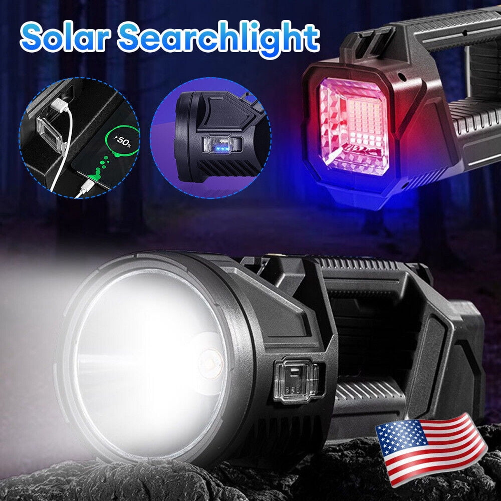 Solar USB Rechargeable LED Spotlight Flashlight Searchlight Torch Super ...