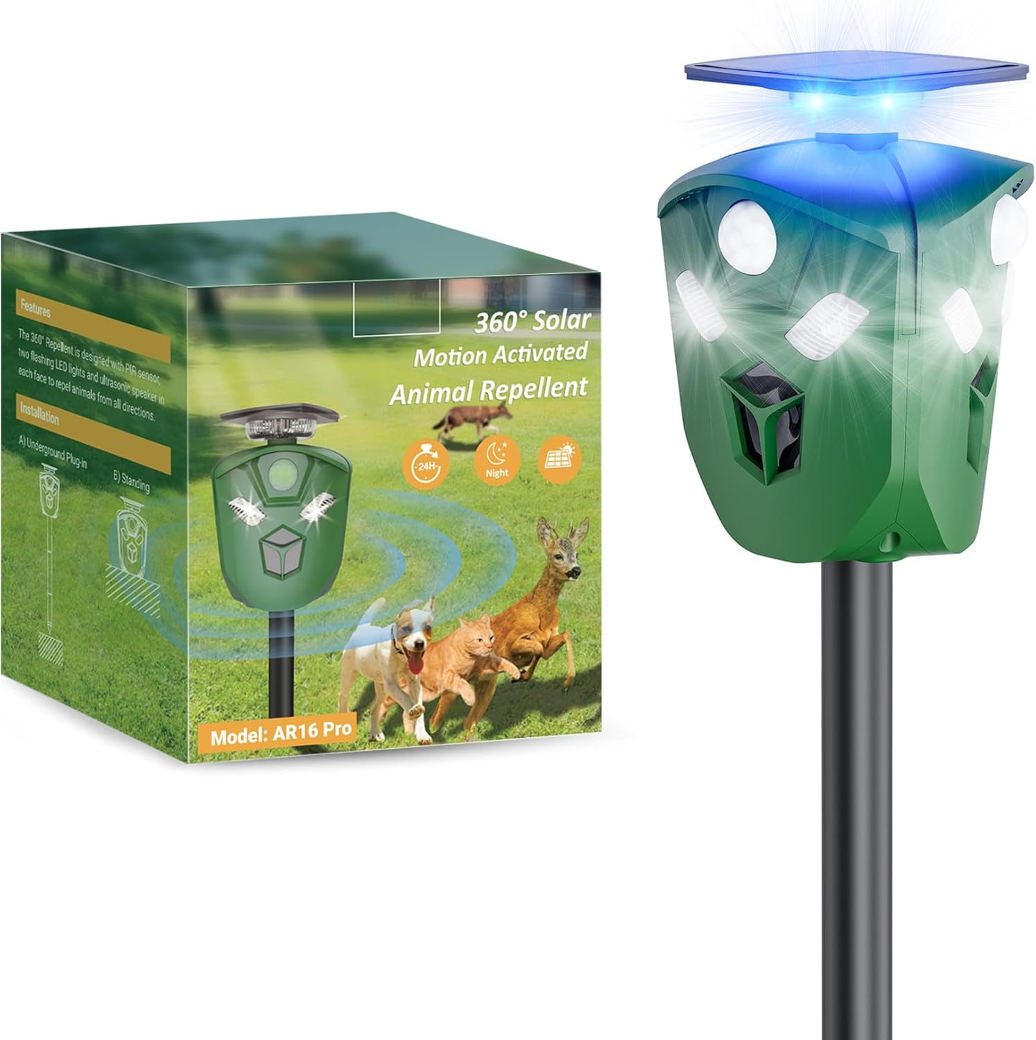 Solar Ultrasonic Animal Repeller Outdoor, 360° All Round Cat Deterrent ...